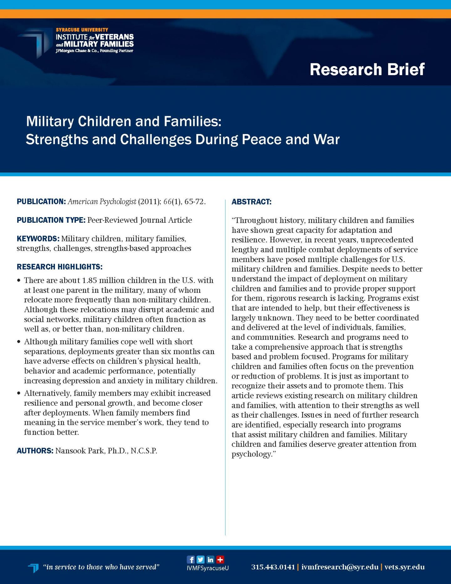 Military Children and Families: Strengths and Challenges During Peace ...