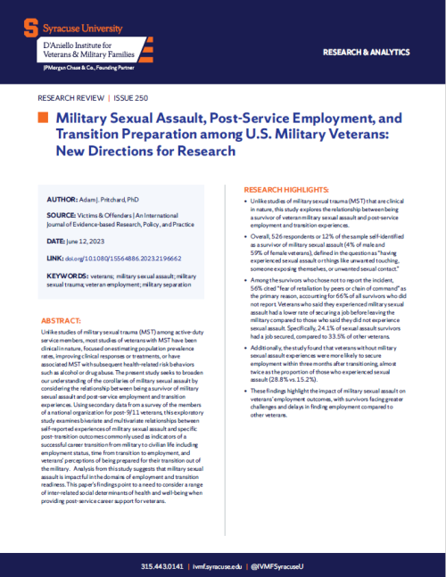 Military Sexual Assault, Post-Service Employment, and Transition ...