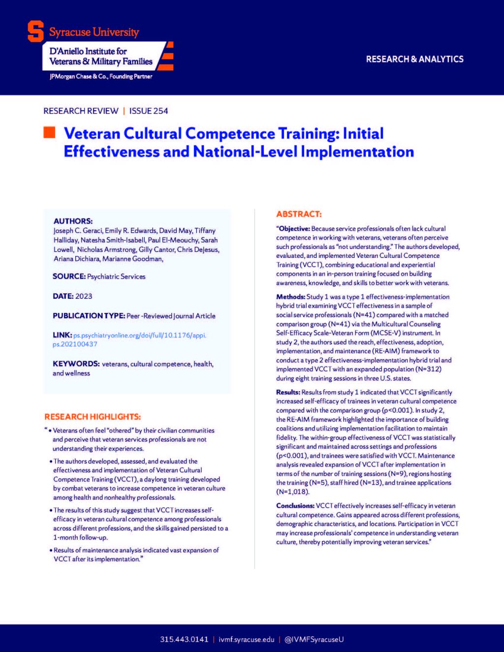 Veteran Cultural Competence Training: Initial Effectiveness and ...