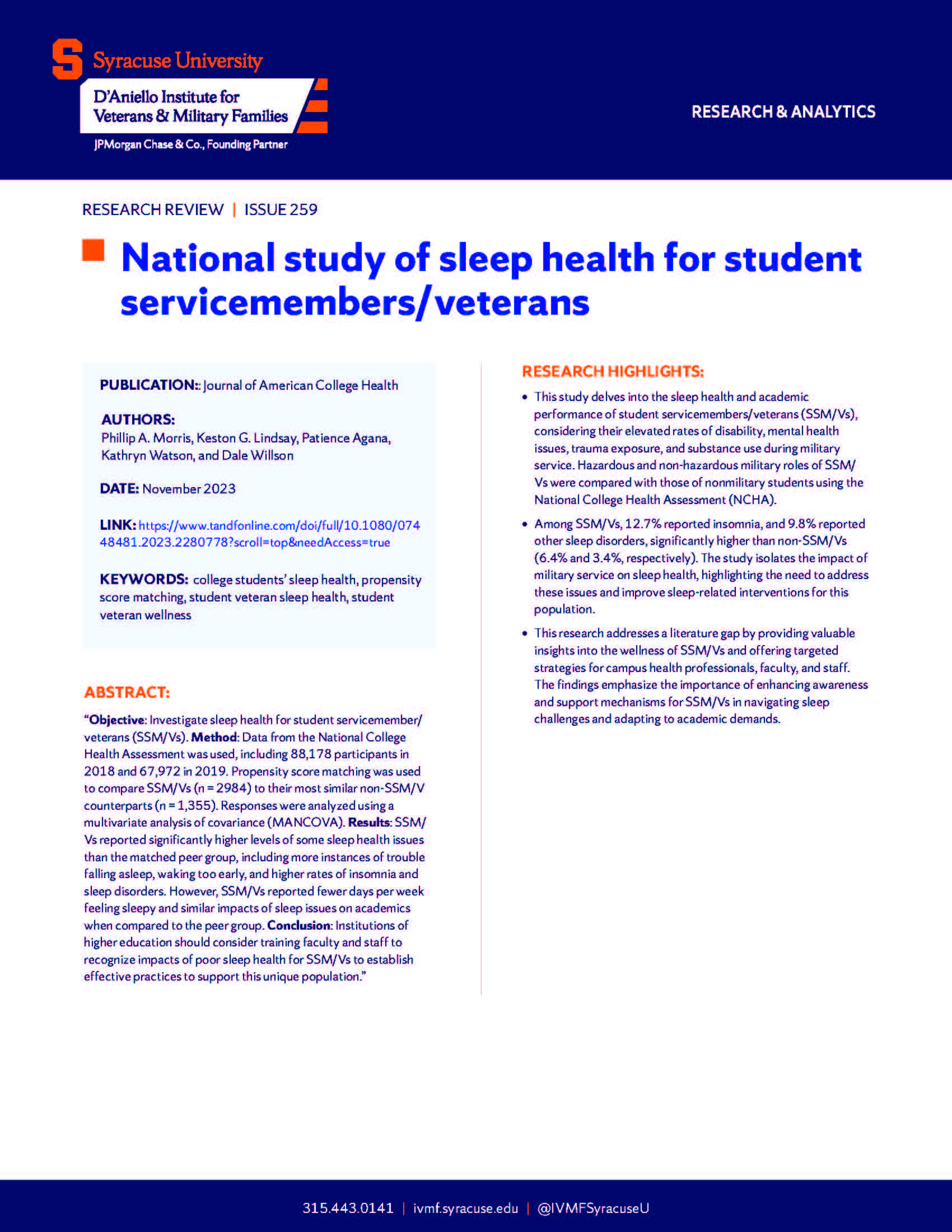 National Study of Sleep Health for Student Servicemembers/Veterans - D ...