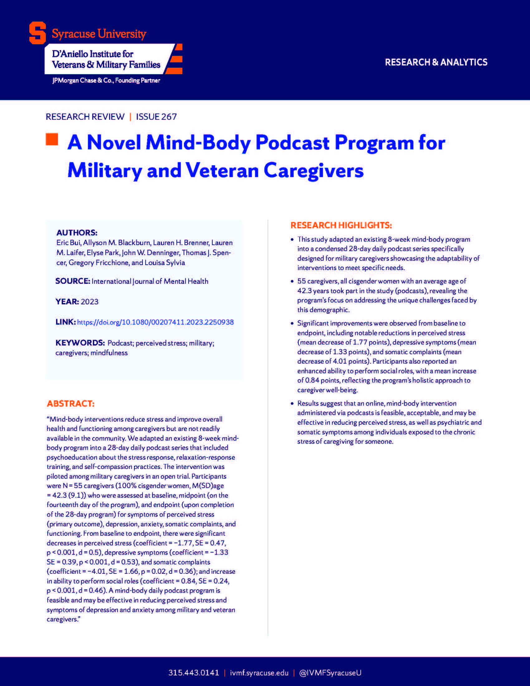 A Novel Mind-Body Podcast Program for Military and Veteran Caregivers ...